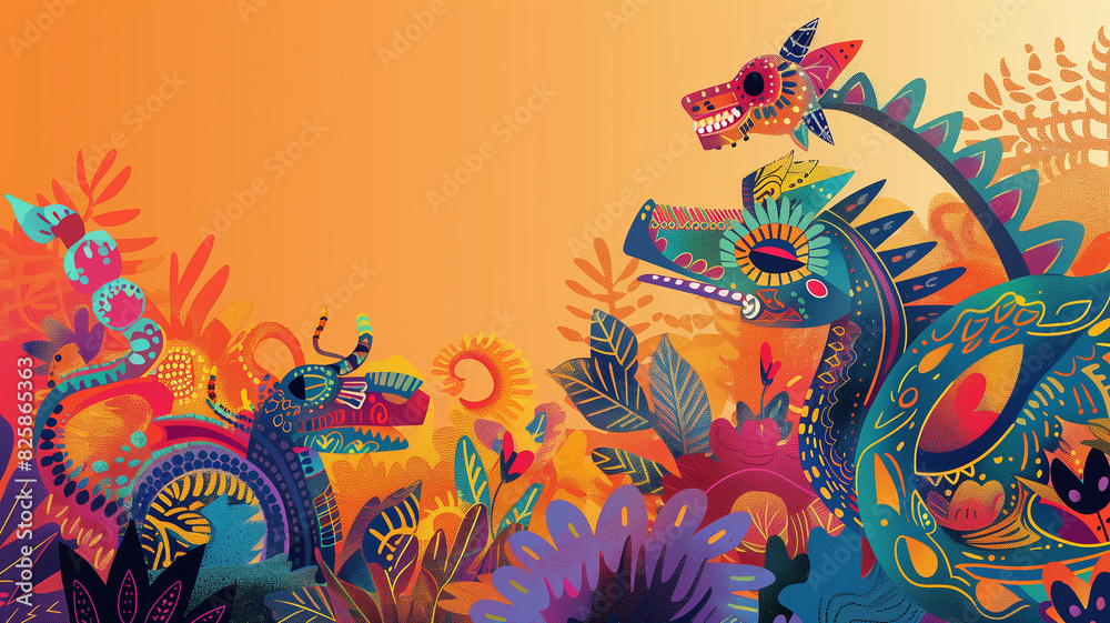Charming illustration of alebrijes with traditional patterns, Mexican folk art, Bright, 2D Art ...