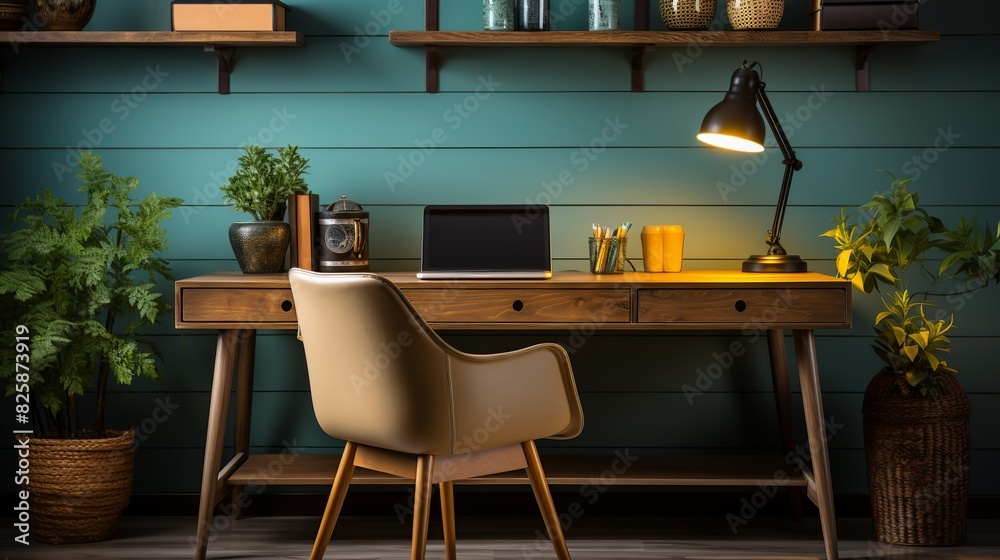 A modern office setup featuring a stylish desk lamp, a comfortable ...