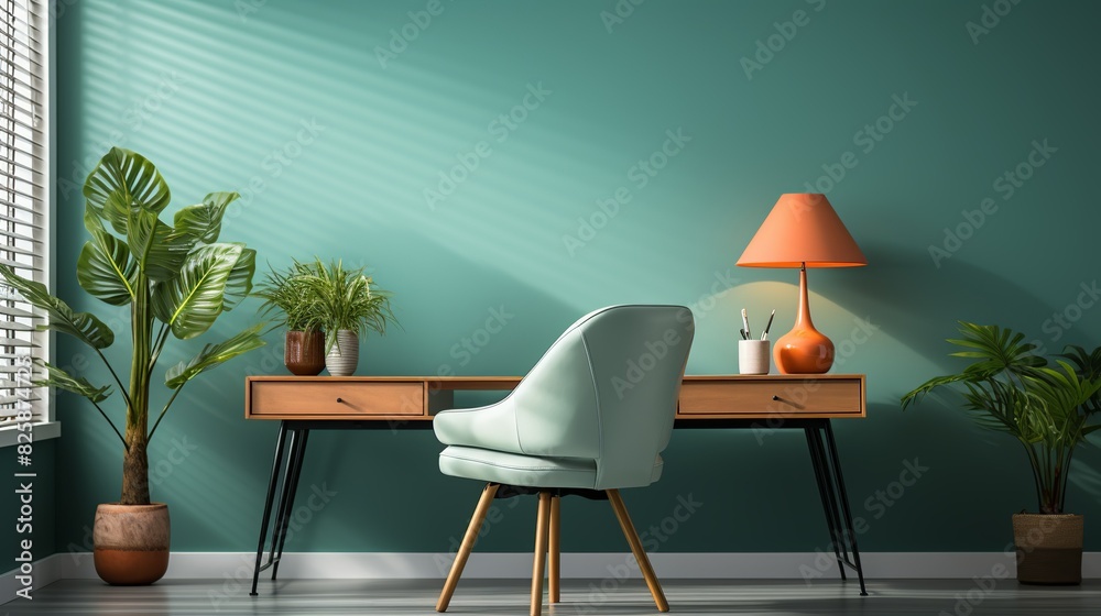 A modern office background with a simple desk, a comfortable chair, a ...