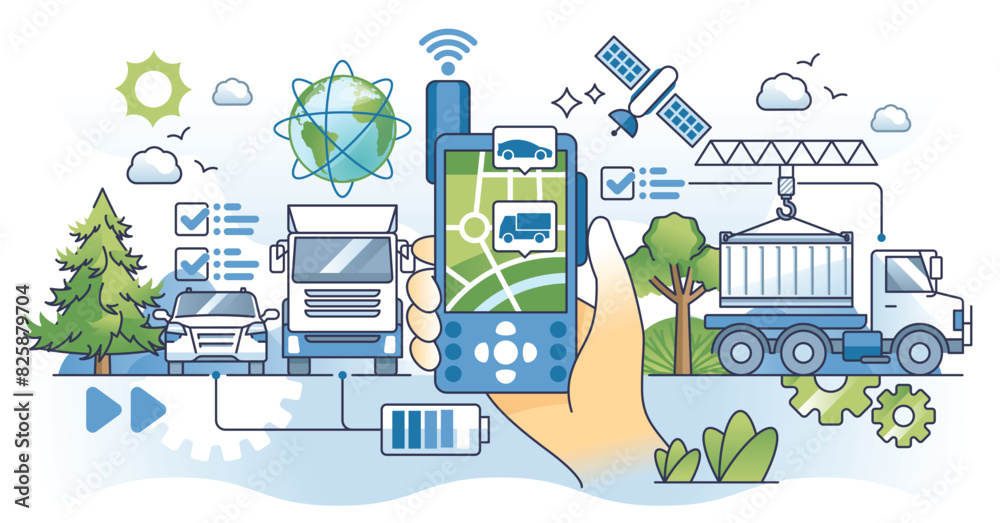 Vetor de GPS fleet tracking with vehicle positioning system outline ...