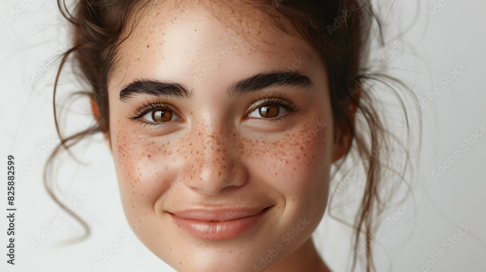 Vertical photo of a joyful young Hispanic woman with freckles, isolated ...