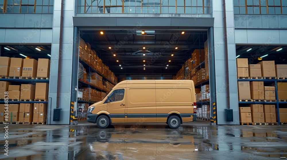 Beige delivery van parked at a warehouse loading dock with the building ...