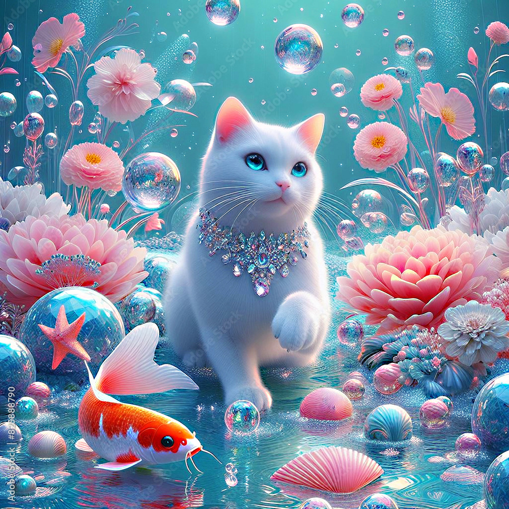 White cat at a crystalline lake, where coral floral growing and koi ...