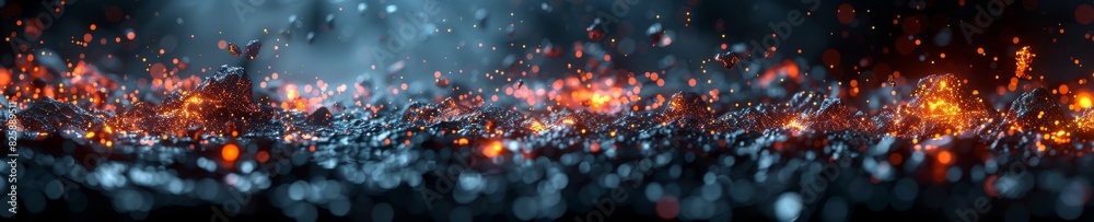 Abstract 3D Background. In the depths of a dark 3D void, fragmented ...