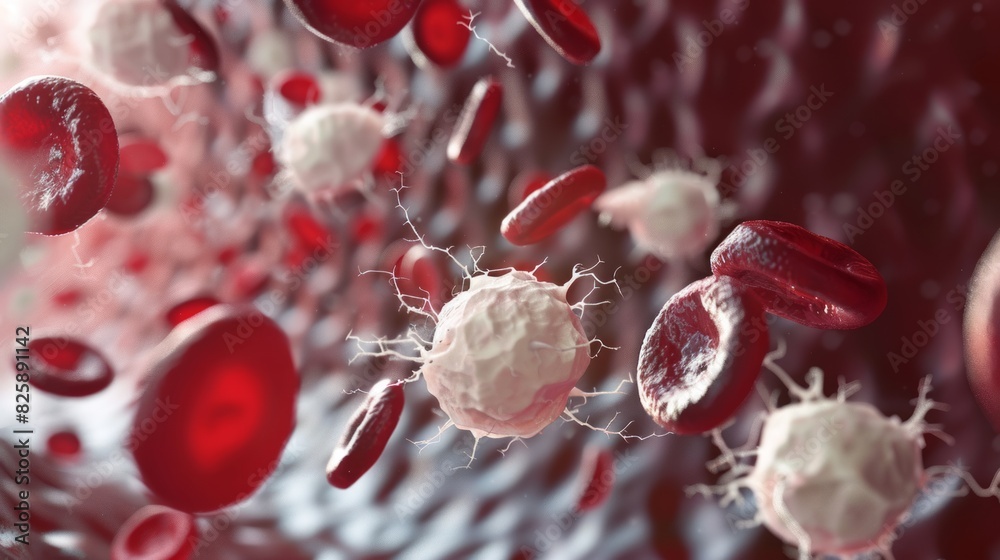 High resolution view of human blood circulation. Shows red blood cells (red blood cells) and ...