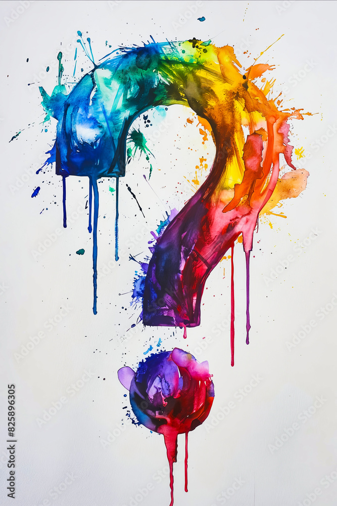 A colorful question mark with paint splatters surrounding it. The ...