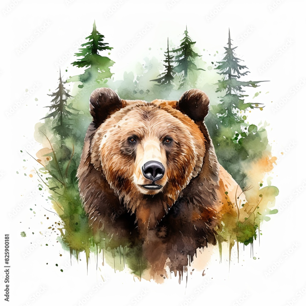 Brown bear portrait with a forest background watercolor clipart ...