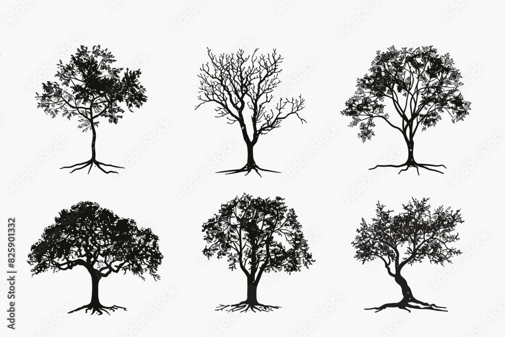 Silhouette tree set. Side view, set of graphic trees elements outline ...