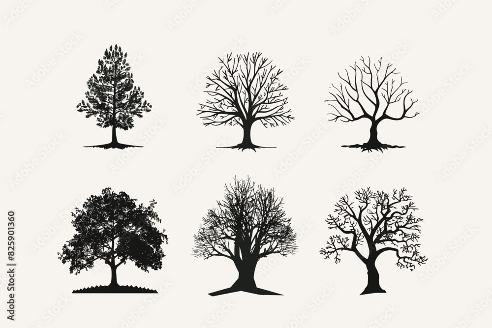 Silhouette tree set. Side view, set of graphic trees elements outline ...
