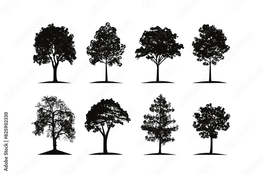 Silhouette tree set. Side view, set of graphic trees elements outline ...