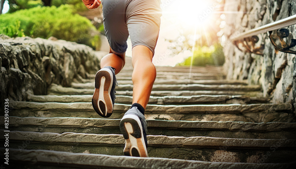 Close-up and rear view of a male young athlete, running up the stairs ...