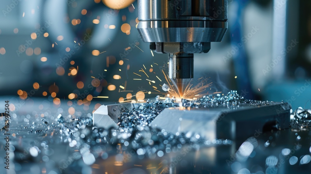Close-up of metal shavings being ejected from a CNC milling machine as ...