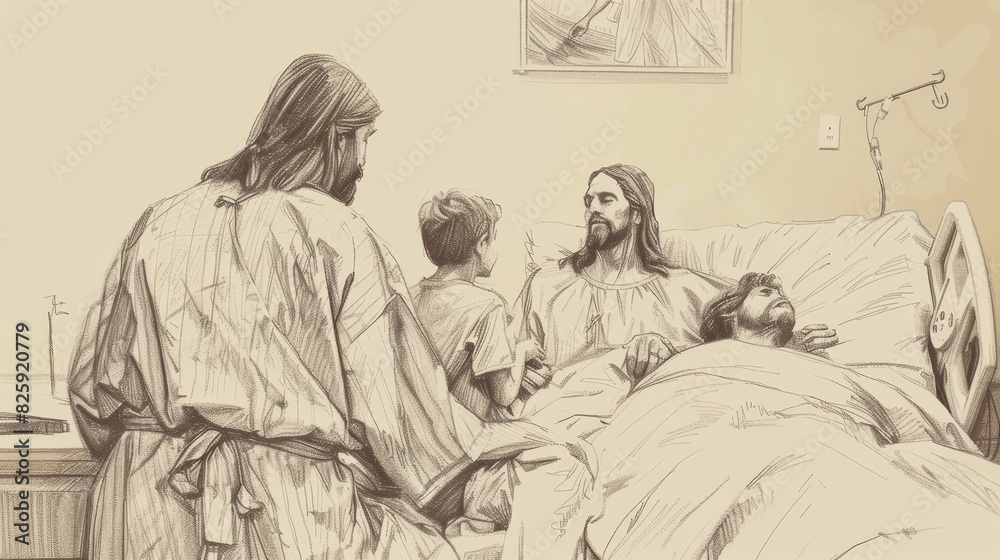 Comfort and Hope: Jesus Comforting a Praying Family in a Hospital, a ...