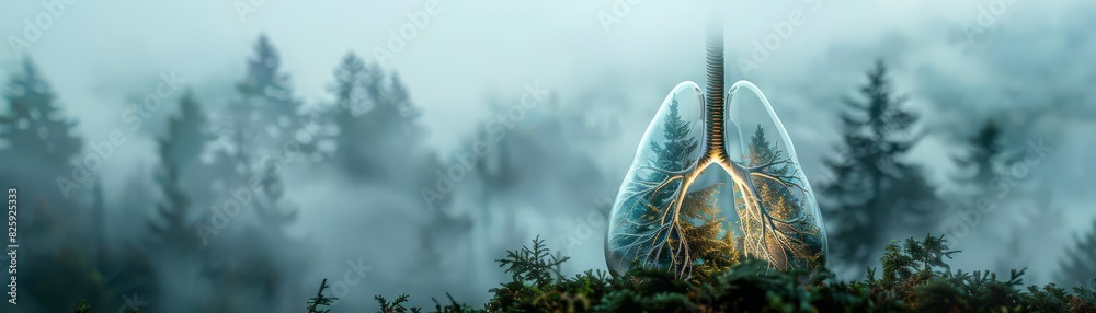 Ethereal human lungs blending with a misty forest backdrop, symbolizing ...