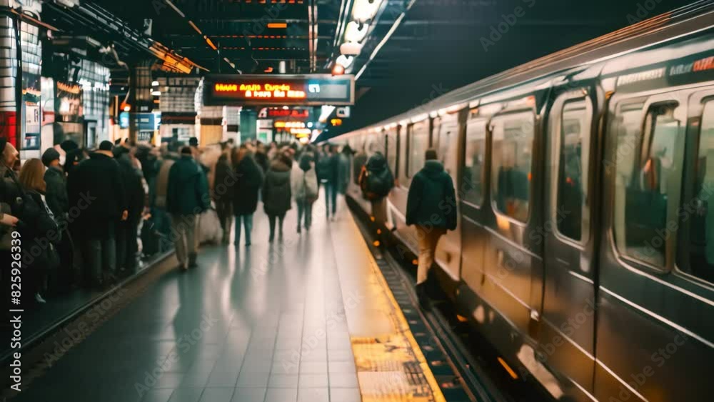 Crowd of commuters rushing on a busy subway platform, A crowded subway ...