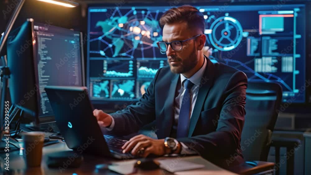 A man in a suit sits at a desk in front of a computer, conducting a ...
