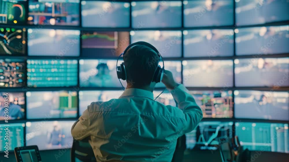 A Cybersecurity Expert Sits At A Desk Facing Multiple Television