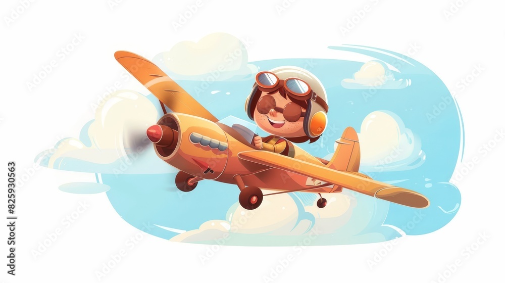 A little boy wearing pilot goggles and a helmet is flying in a retro ...