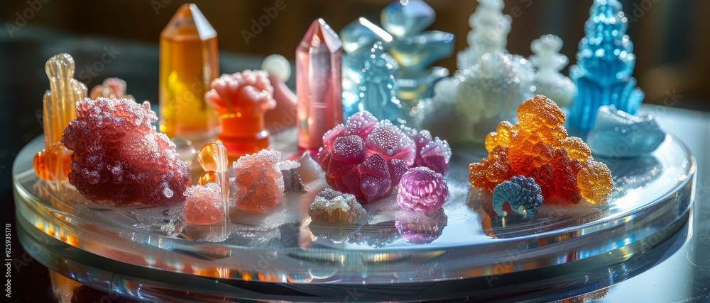 Colorful and vibrant edible gelatin sculptures, intricately designed to ...