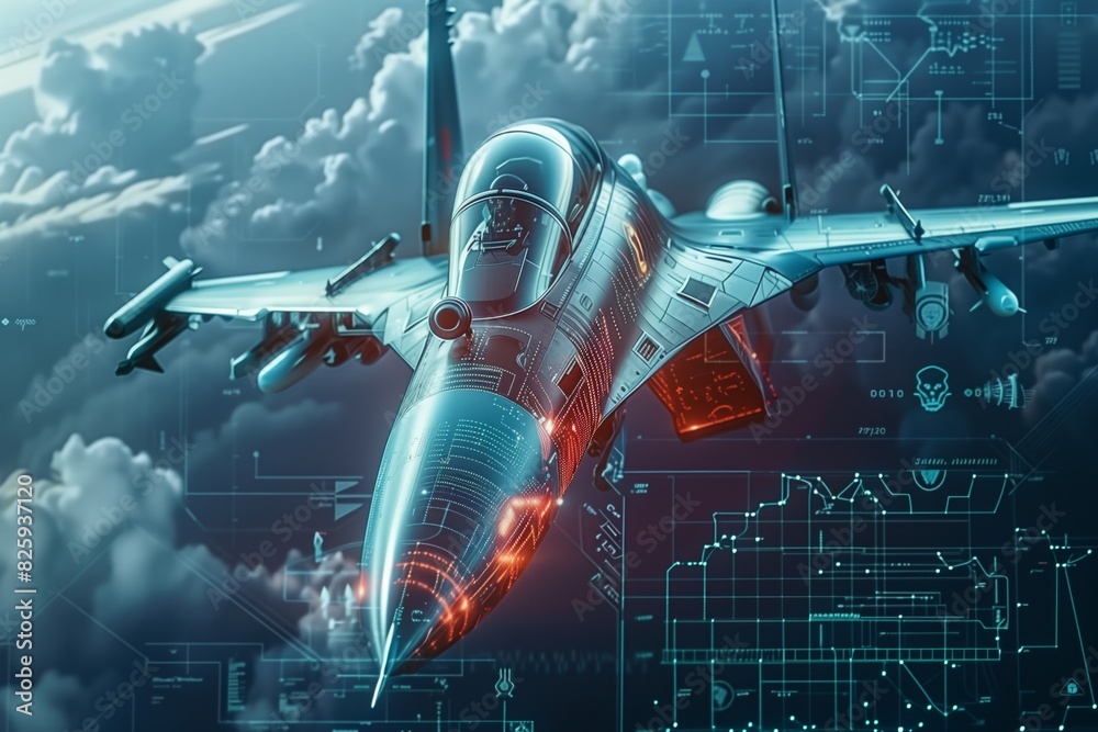 Sight aimed at fighter jet, satellite target, laser beam, digital ...