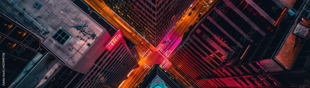 Illuminated cityscape at night with vibrant neon lights, featuring an ...