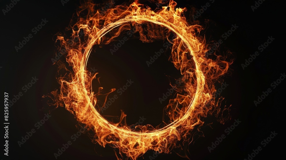 Perfect circle of roaring flames, creating a ring of fire, solid black ...