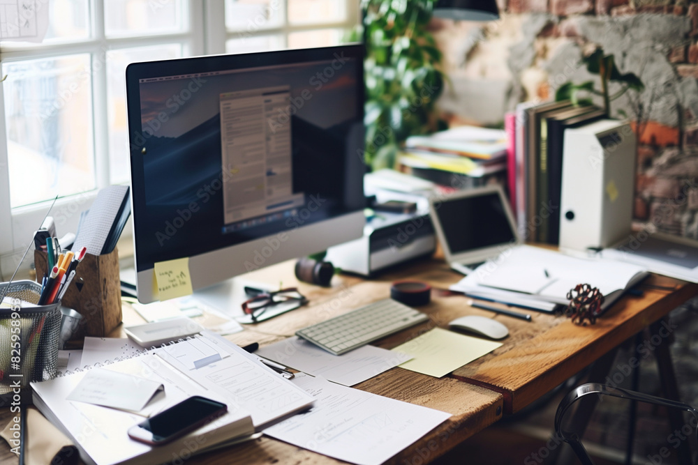 A cluttered desk with a computer monitor, a cup, and a plant. The desk ...