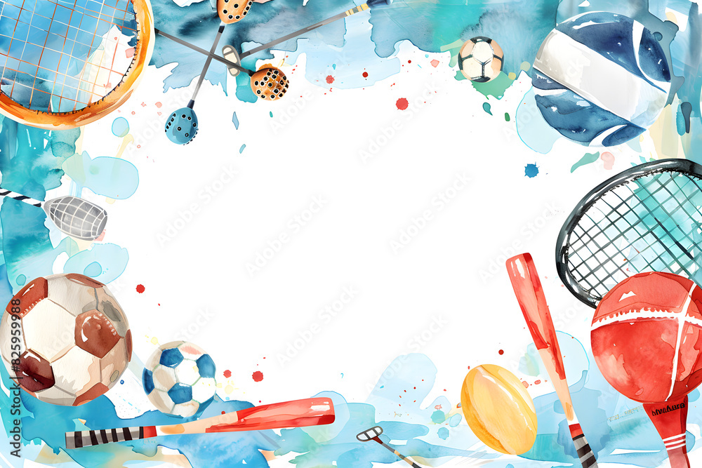 Cute cartoon sports equipment frame border on background in watercolor ...