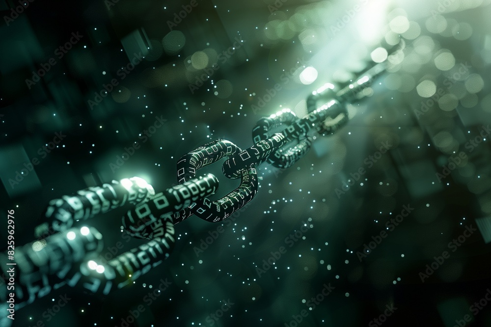 Futuristic scene with binary chains shattering, illustrating the liberation from data ...