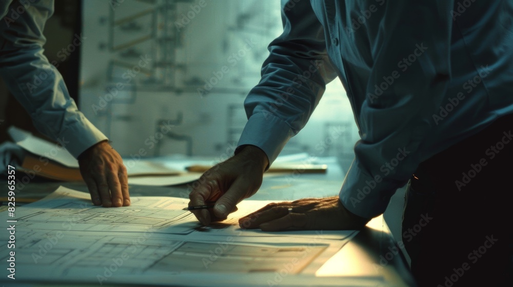 Busy architects exchange ideas and make adjustments to blueprints as ...