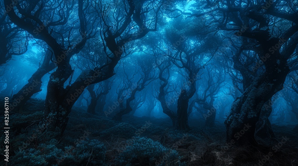 Ethereal dark forest with twisted trees, mystical blue light filtering through, dense fog ...
