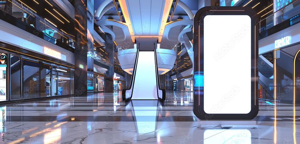 Metropolitan shopping mall enhanced by a futuristic digital kiosk mockup featuring a blank ...