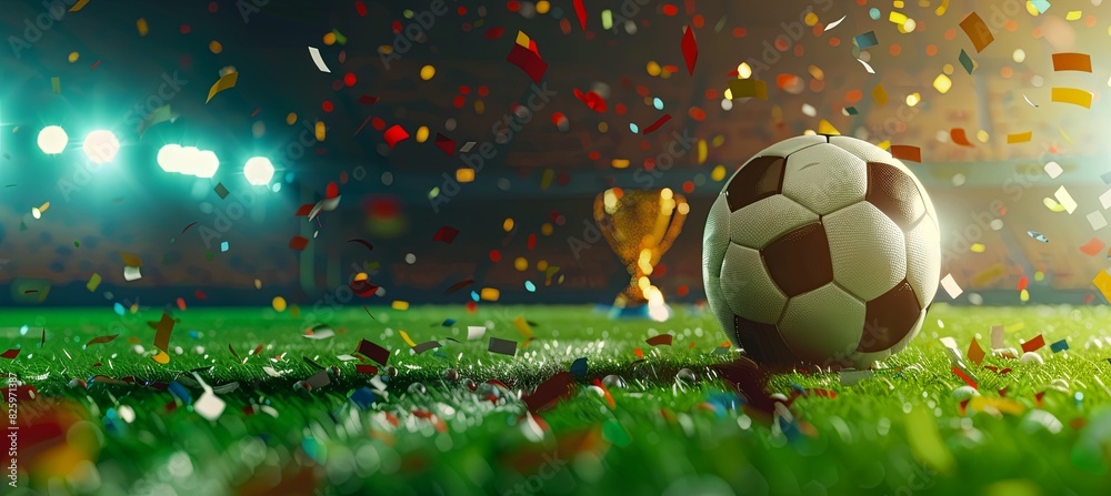 Soccer Ball, Trophy, and Confetti Celebration on a vibrant green soccer ...