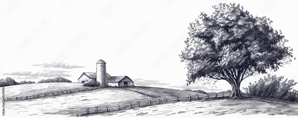 Rural landscape, tree and farm. Vector hand drawn vintage engraved ...
