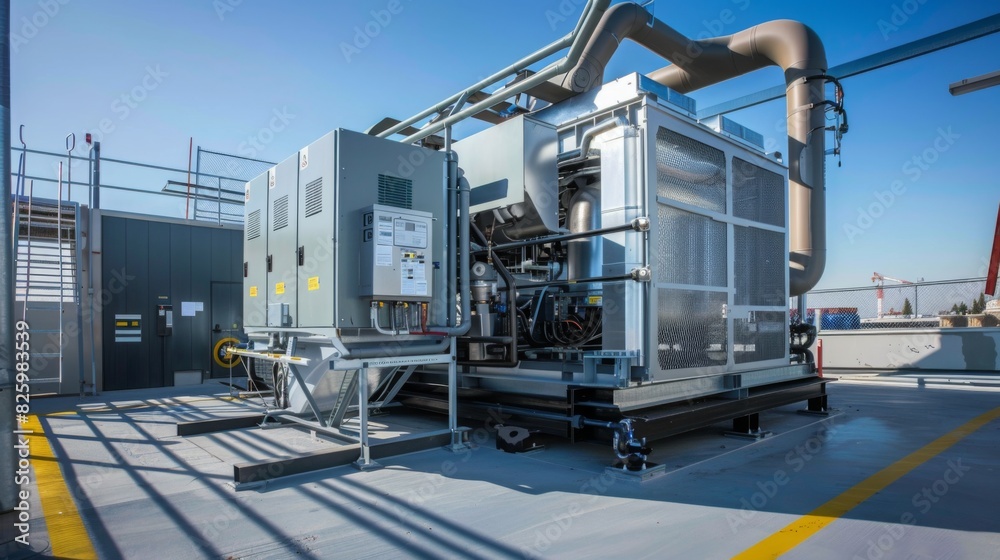 Industrial HVAC system installed on a rooftop, featuring ducts and ...