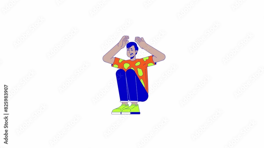 Scared hindu man squeezing head line 2D character animation. Panic ...