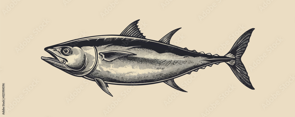 Bluefin Tuna - Hand drawn illustration of a Bluefin tuna in a vintage ...