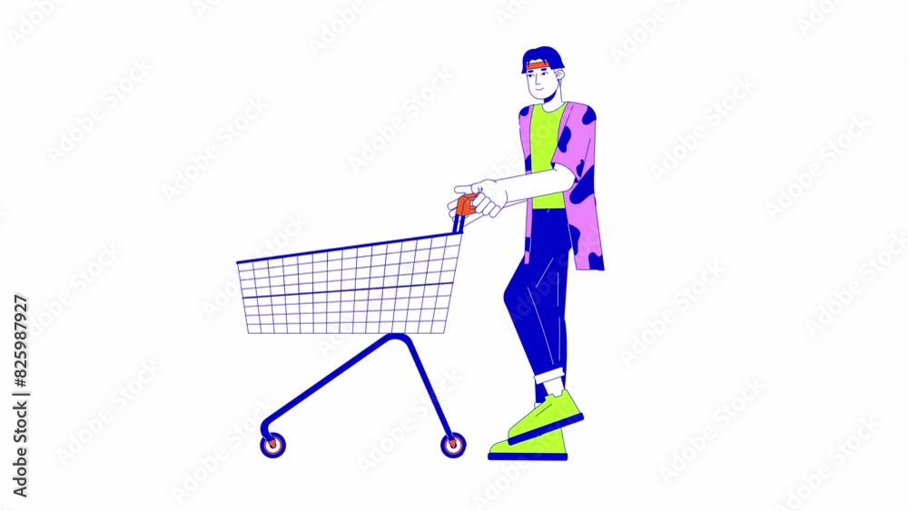 Asian man pushing shopping trolley line 2D character animation ...
