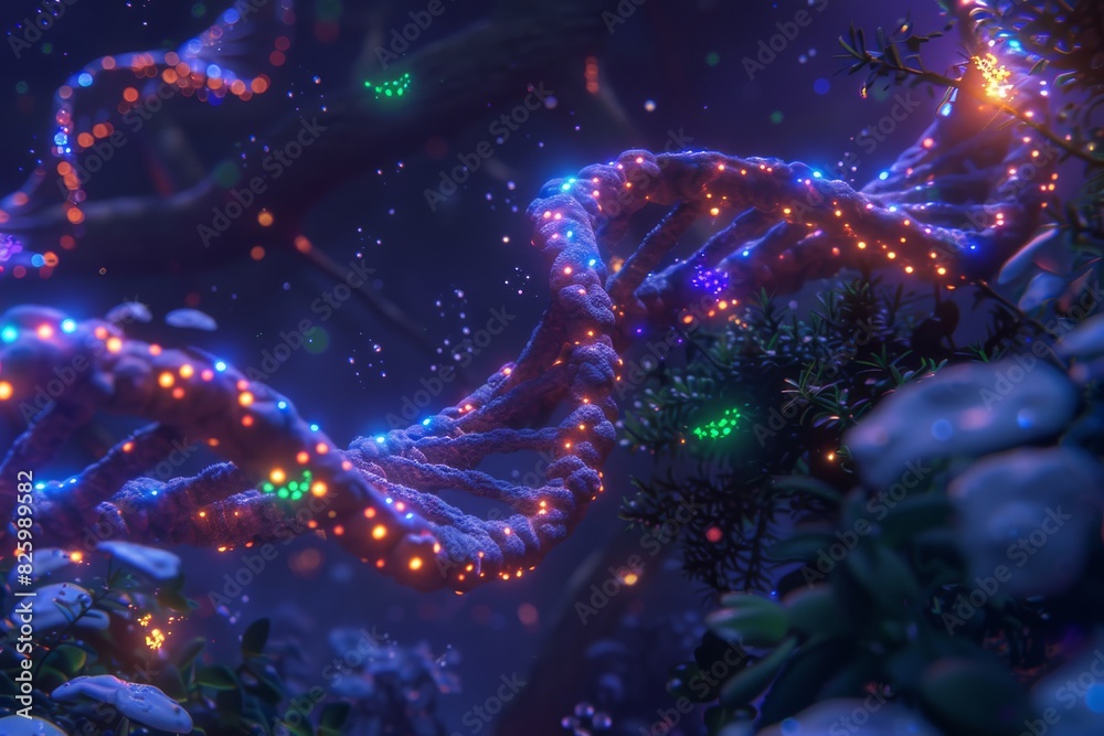 Ethereal DNA sequences weaving through cosmic particles, symbolizing ...