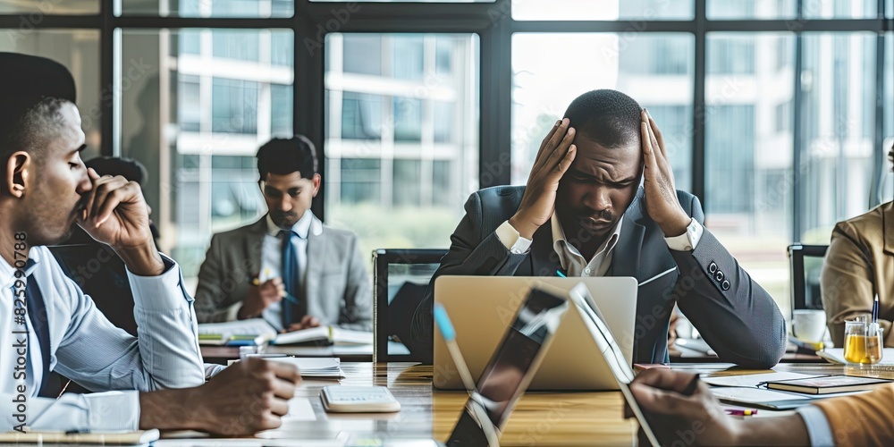 A businessman with a headache, holding his head in frustration during a ...