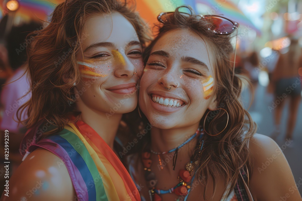 Happy woman kisses young woman surrounded by rainbow flags worn on city ...