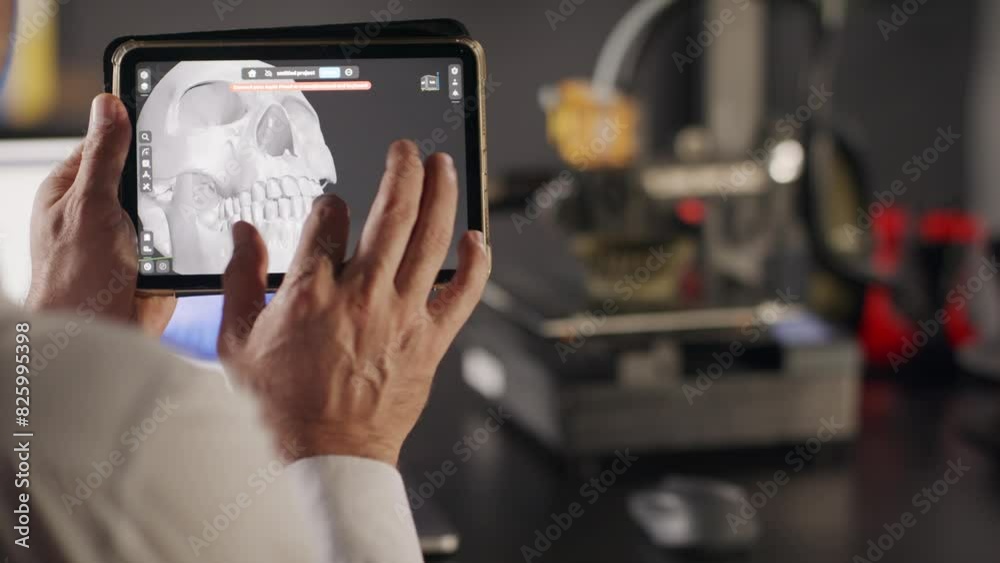 Medical worker holds in hands and uses a tablet to view 3d model of a ...