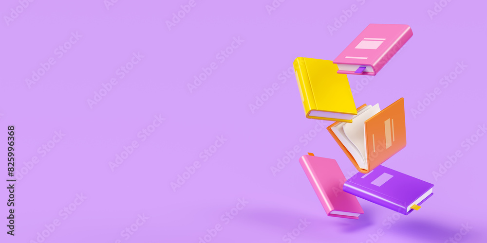 Flying closed and open books with bright hardcover on purple banner ...