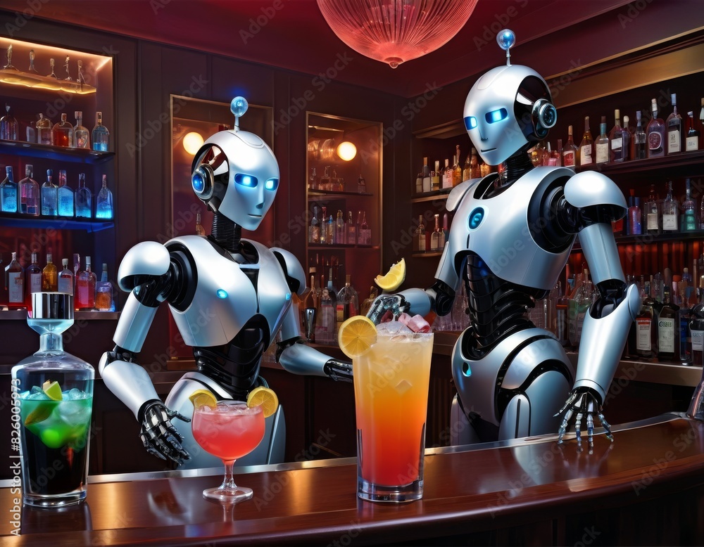 Twin robots at a bar counter skillfully prepare colorful cocktails ...