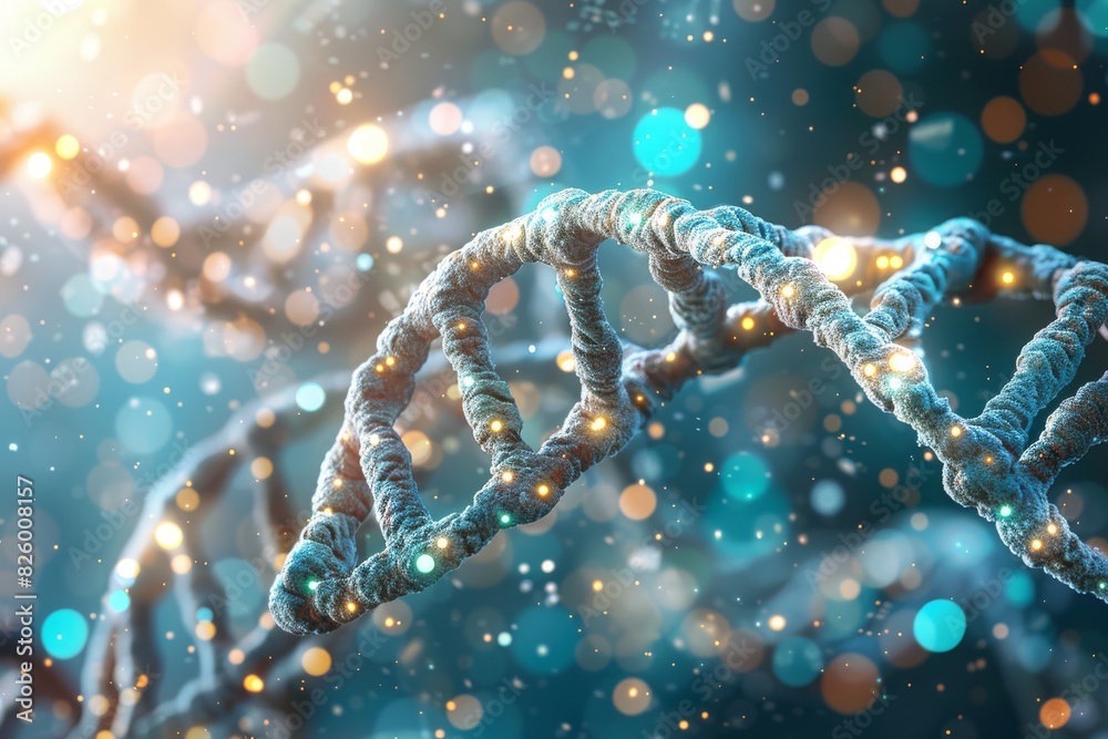 Glowing DNA double helix with golden and blue particles, dark ...