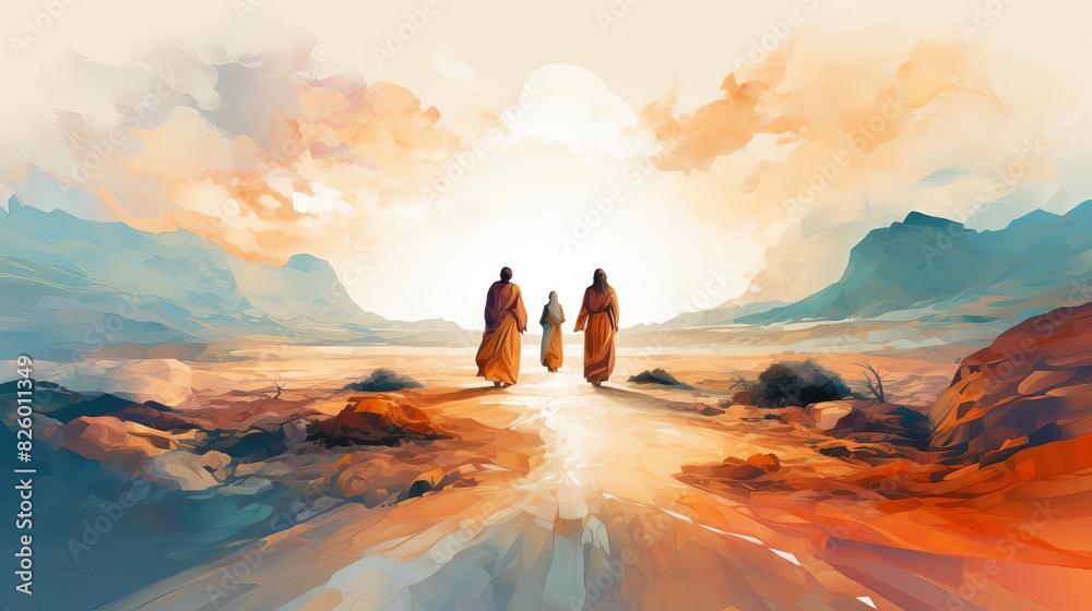 Jesus walking with two disciples on the road to Emmaus, capturing the moment of revelation and ...