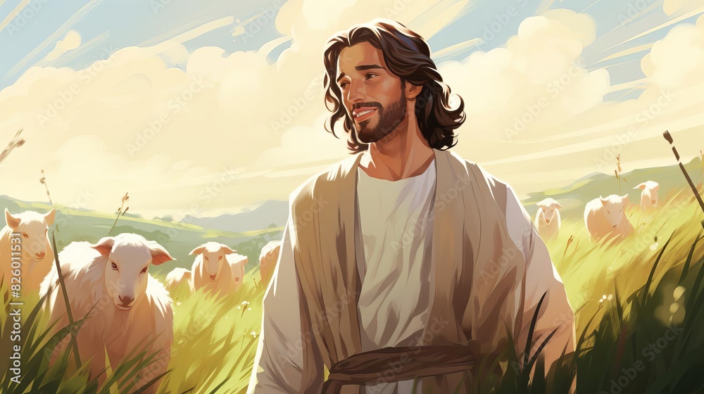 Render Jesus with a serene expression, guiding a flock through a lush ...
