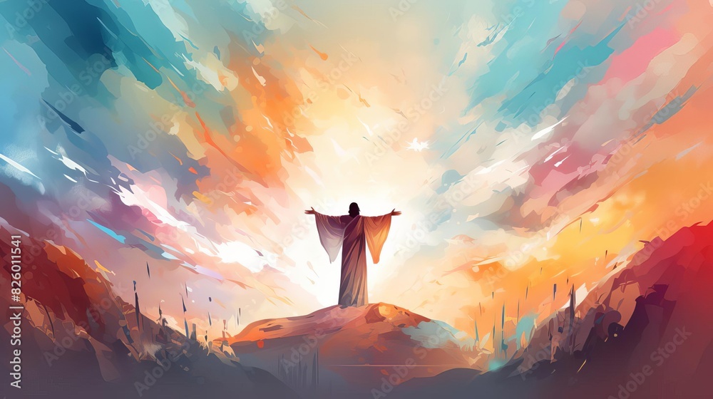 Depict a majestic scene of Jesus rising to heaven from a low-angle ...