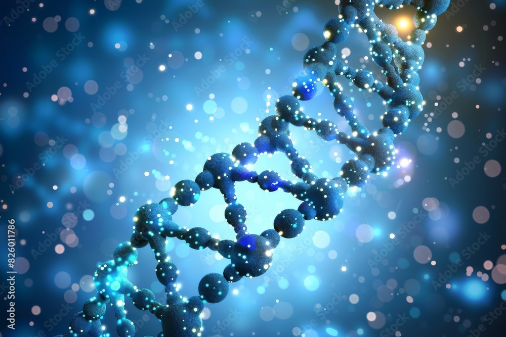 DNA double helix with blue and green particles on a dark background ...