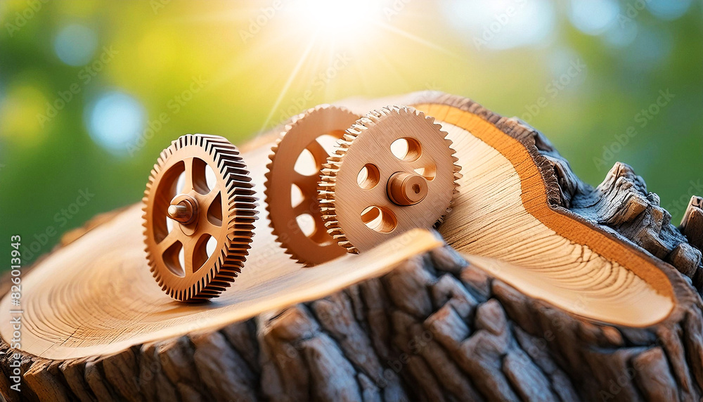 Group of three wooden cogwheels (gears) on cross section of a tree ...